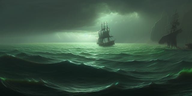 A ghost ship, sailing through luminous backlit Green clouds, high ...