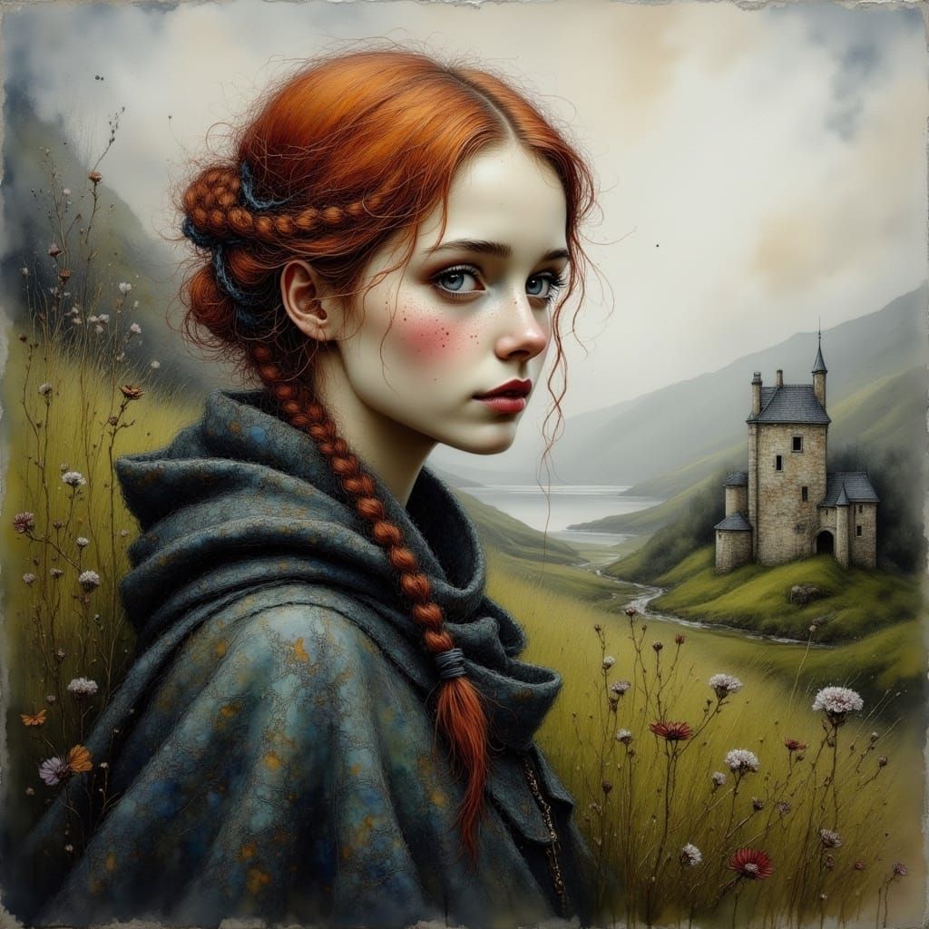 Medieval Scotland. - Enigmatic Medieval Maiden in Faded Lan...