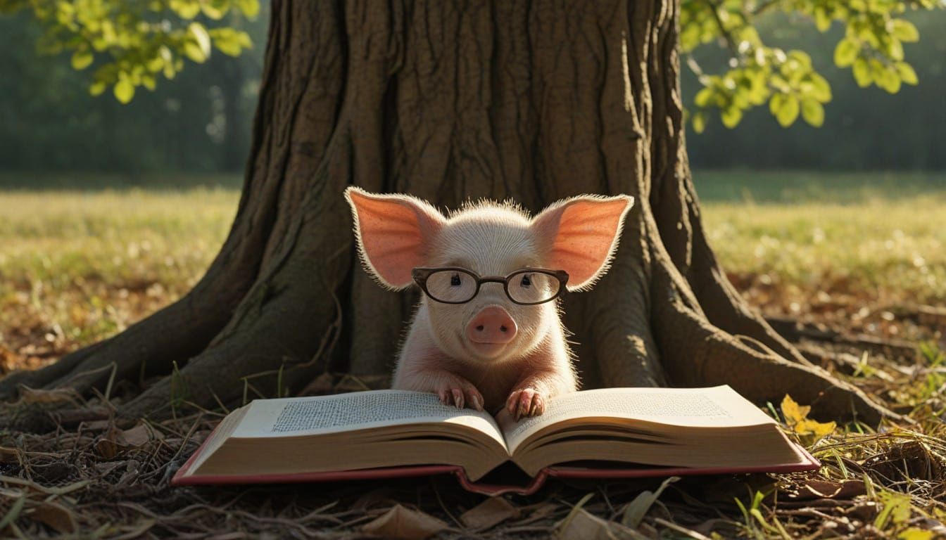 Piglet Reading under Tree - Surreal Piglet Reads under a Maj...
