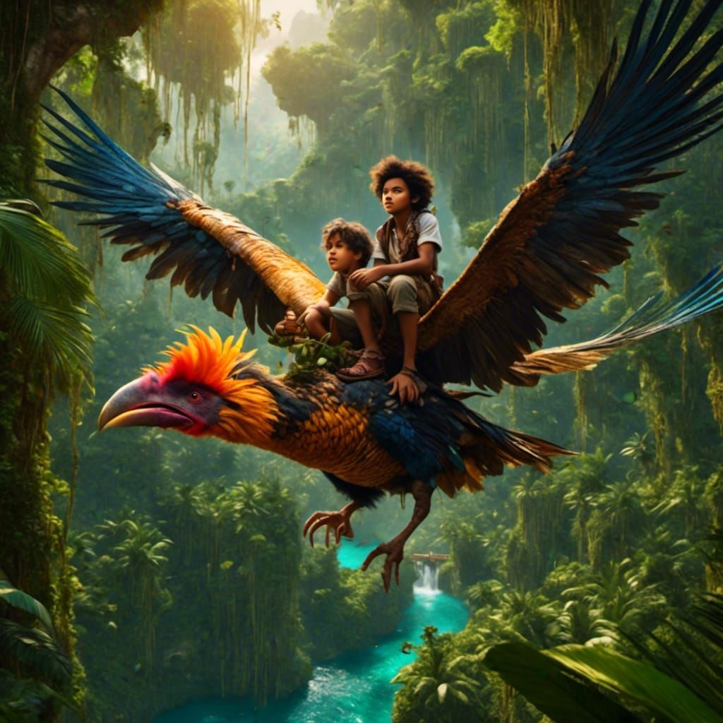 a boy riding on the back of a bird in a jungle, by Jason Chan, fantasy ...