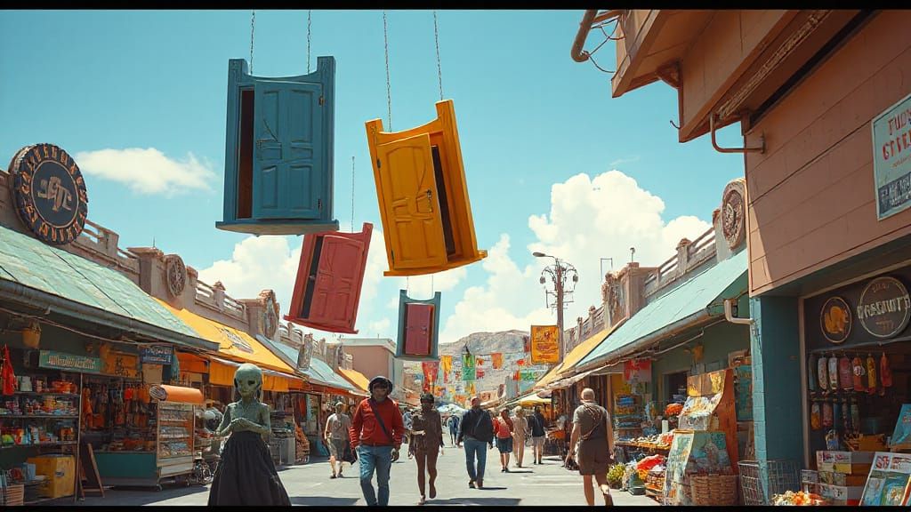 Street Scene With Doors That Open In The Sky
