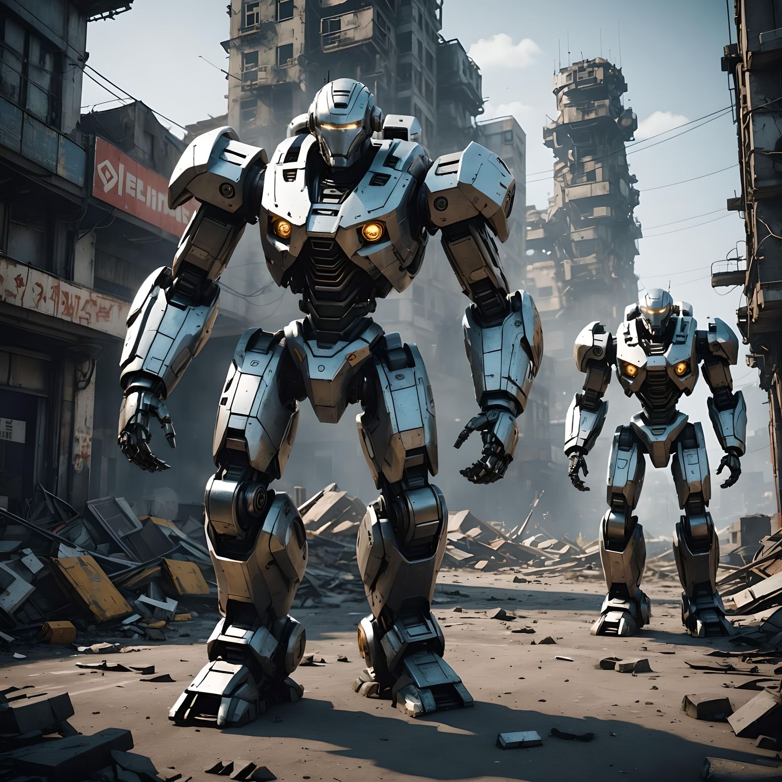 Robots fighting in a derelict city - AI Generated Artwork - NightCafe ...