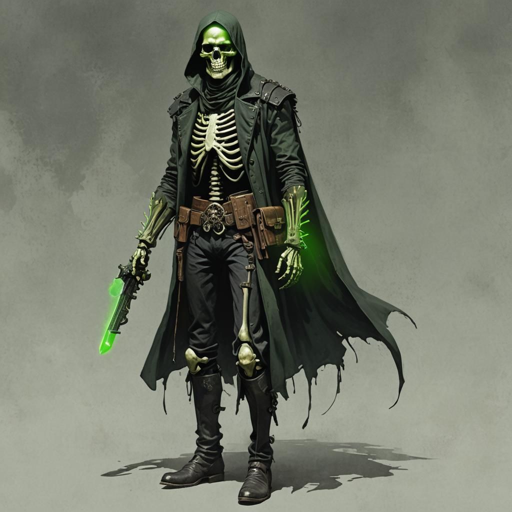 skeleton with an ancient gun powered by green crystals - AI Generated ...