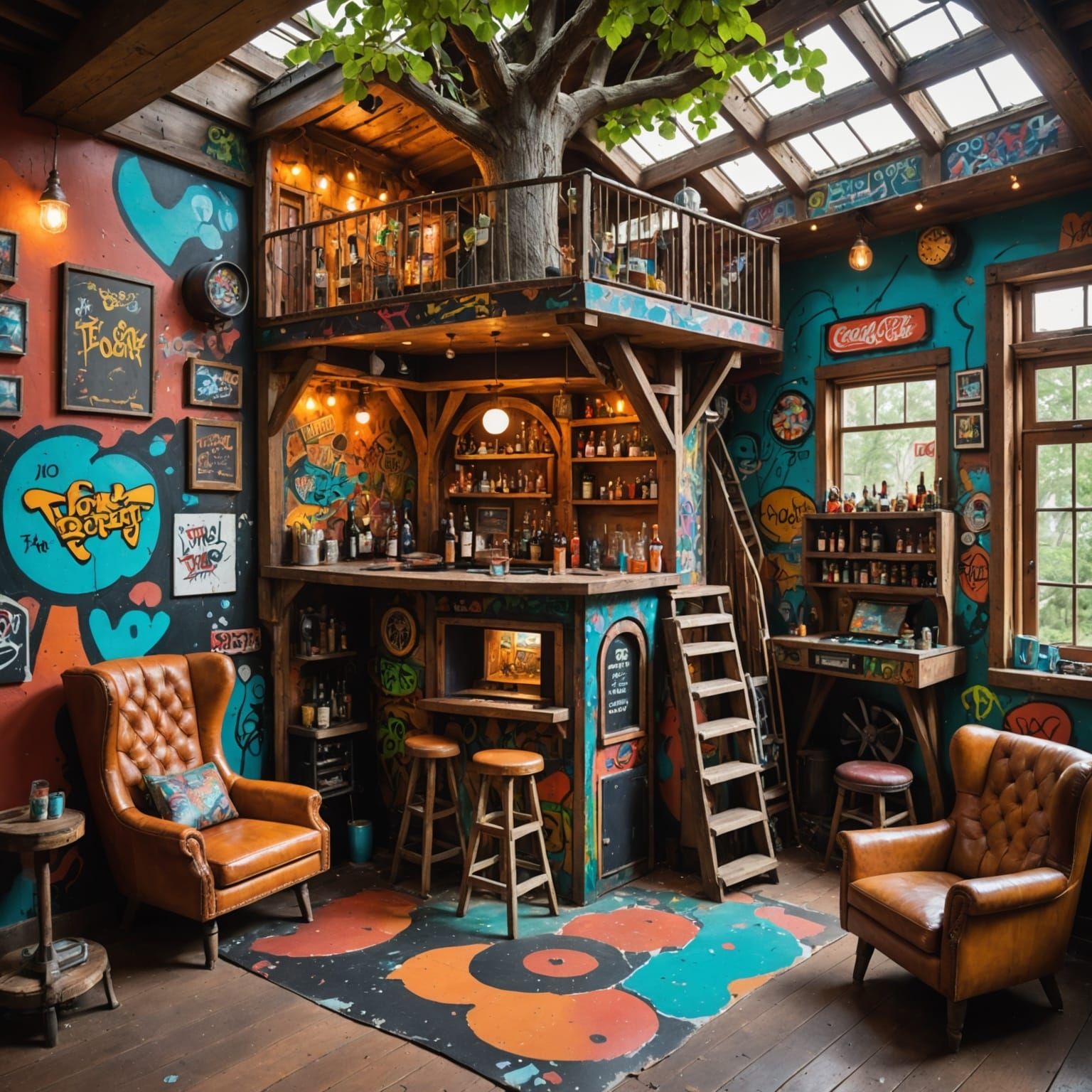 Whimsical Treehouse Man Cave in Vibrant Graffiti S... - AI Art