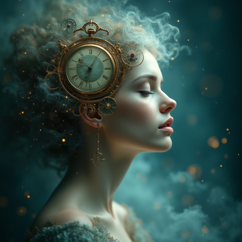 Surreal portrait, half face half clock, intricate clockwork mechanisms ...