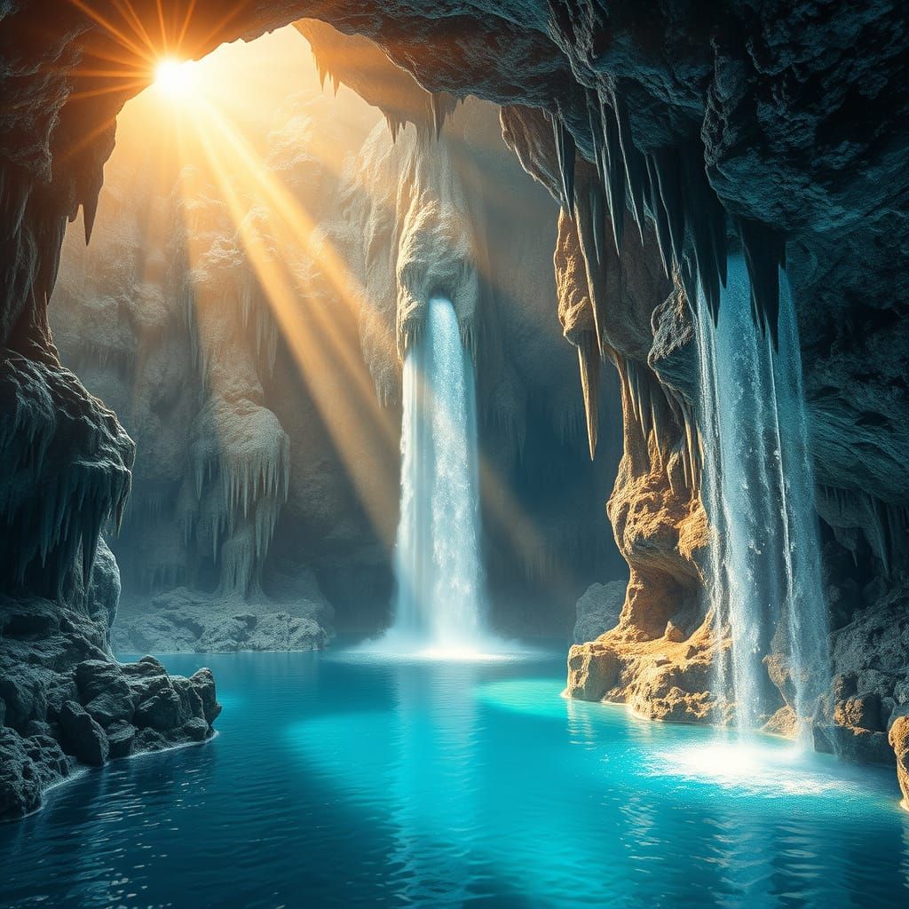 Hidden cave waterfalls - Mystical Cave Oasis with Celestial...