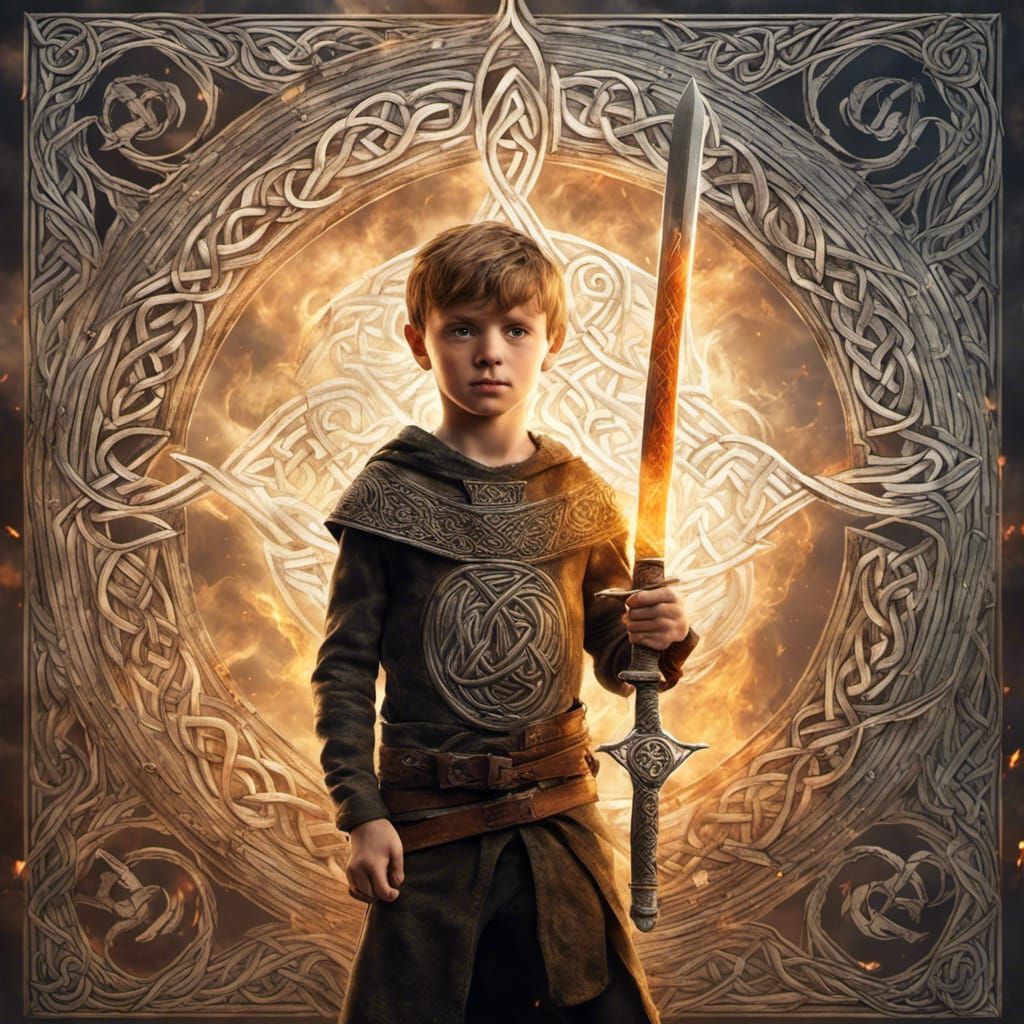 A young celtic boy holds up a Magical celtic swords with detailed ...