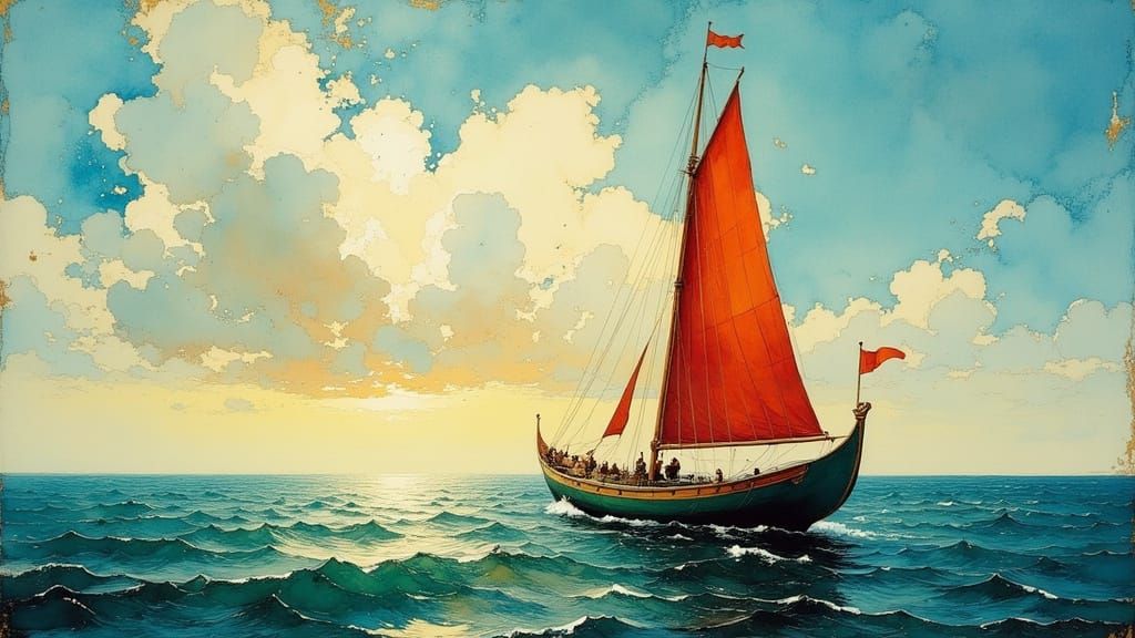 Ancient Greek Galley Sails into Morning Light - AI Art