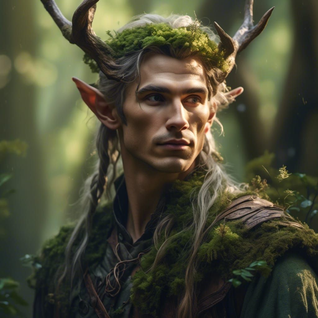 elf male, pointed ears, head and shoulders, forest garb, fair hair ...