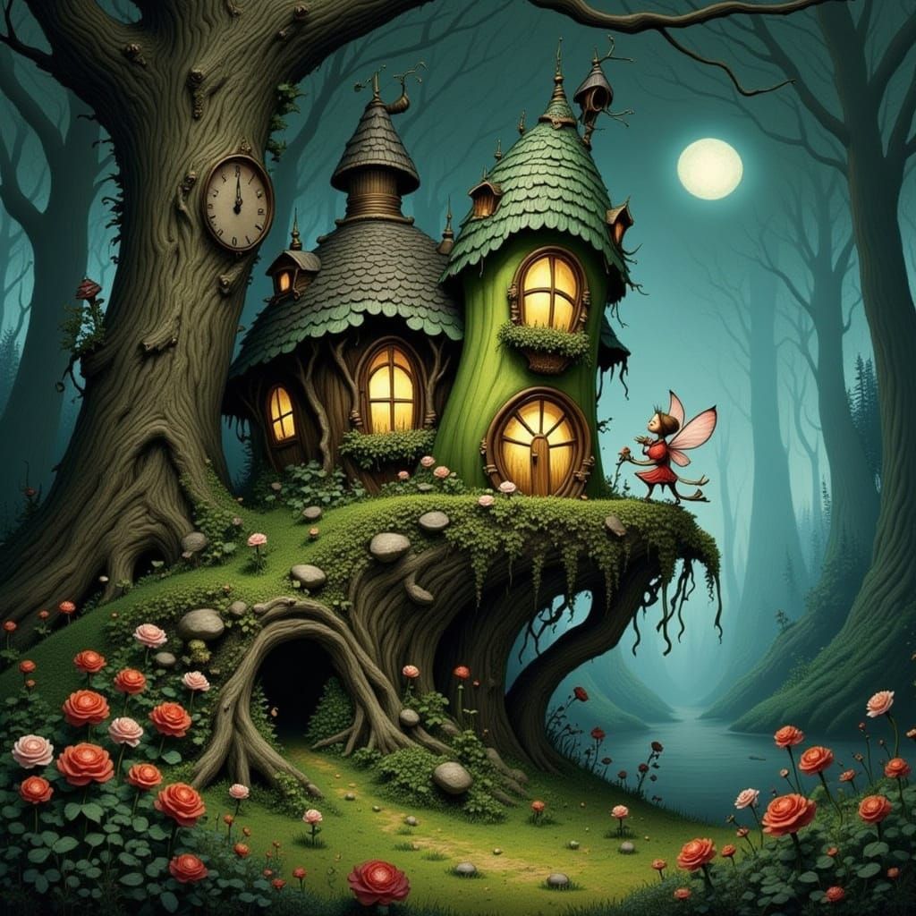 Fairy in a Hollowed-Out Pickle House Under Moonlig... - AI Art
