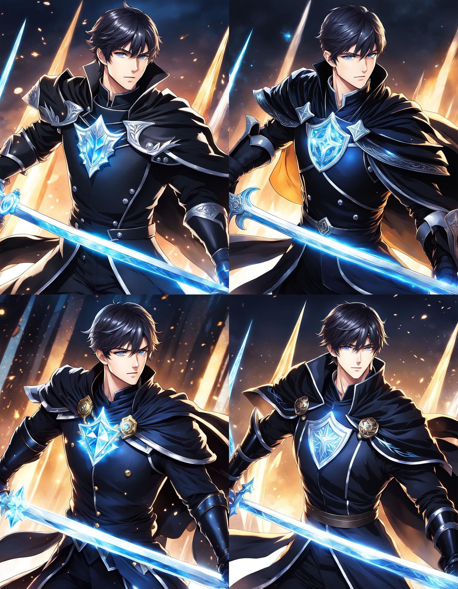 handsome magic knight in a black uniform and half cape, black short ...