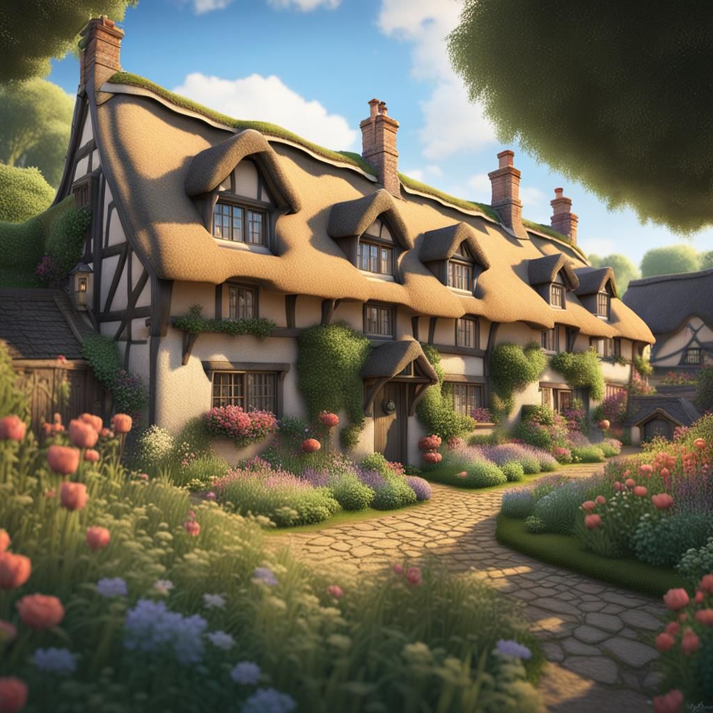 thatched roof cottages - AI Generated Artwork - NightCafe Creator
