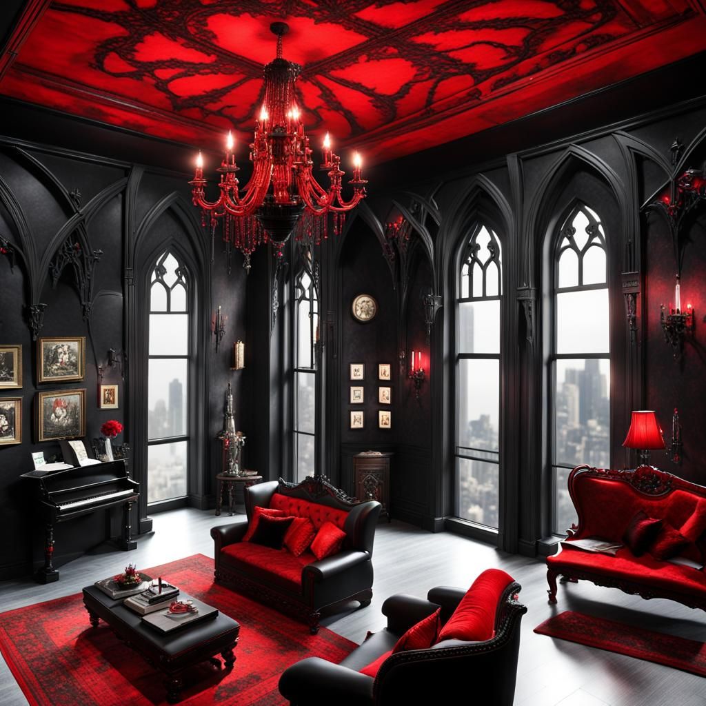 Gothic vampire themed penthouse with Black walls with red accents& Red ...