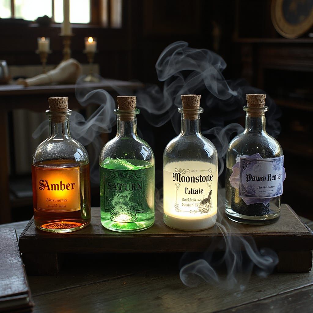 {Potions with Funny Labels} : Four glass bottles filled with mysterious ...