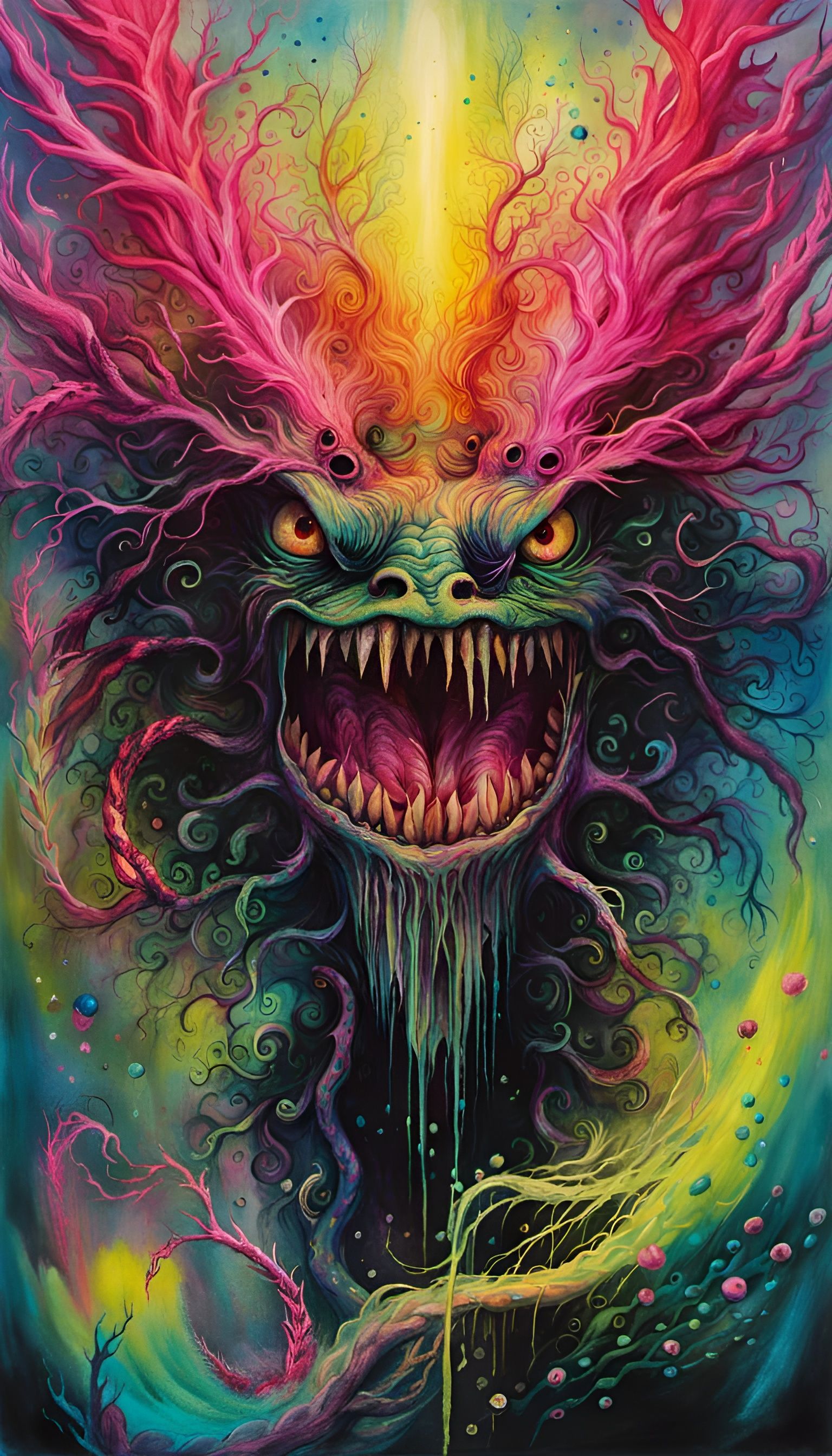 🍍🍍🍍; disturbing evil creepy disgusting monster, a beautifully colorful ...
