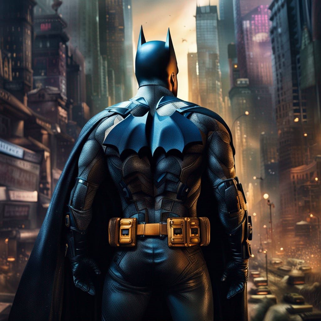 batman looking over a dystopian city photo realistic fun - AI Generated ...