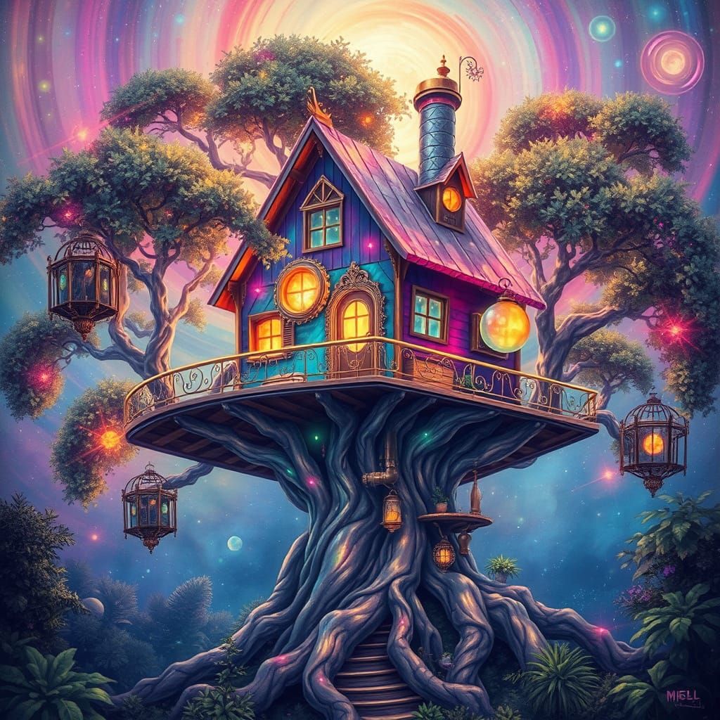 Ethereal Steampunk Tree House in Vibrant Neon and ... - AI Art
