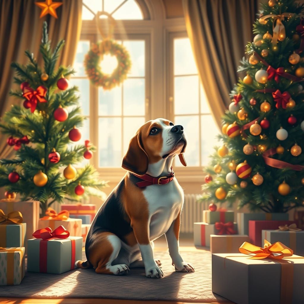 Warm Christmas Scene with Joyful Beagle and Decora... - AI Art