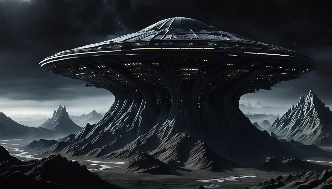 Photorealistic, Alien Mountains low horrizon black sky, Alien Sci-fi ...