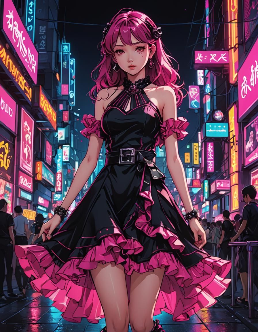 Hot Pink gothic-themed dress. amidst bright neon lights. The dress is a ...