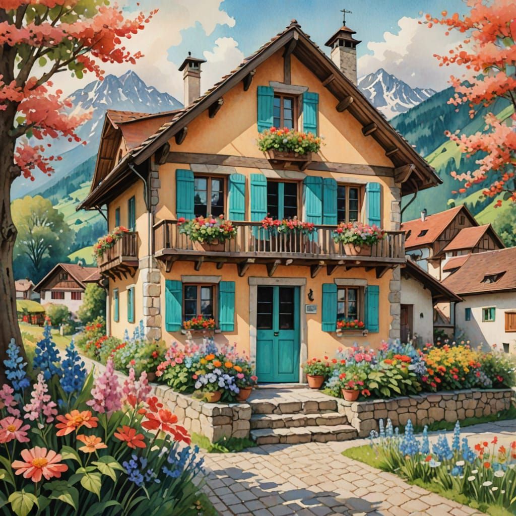 beautiful Austrian cottage Pastel color - AI Art