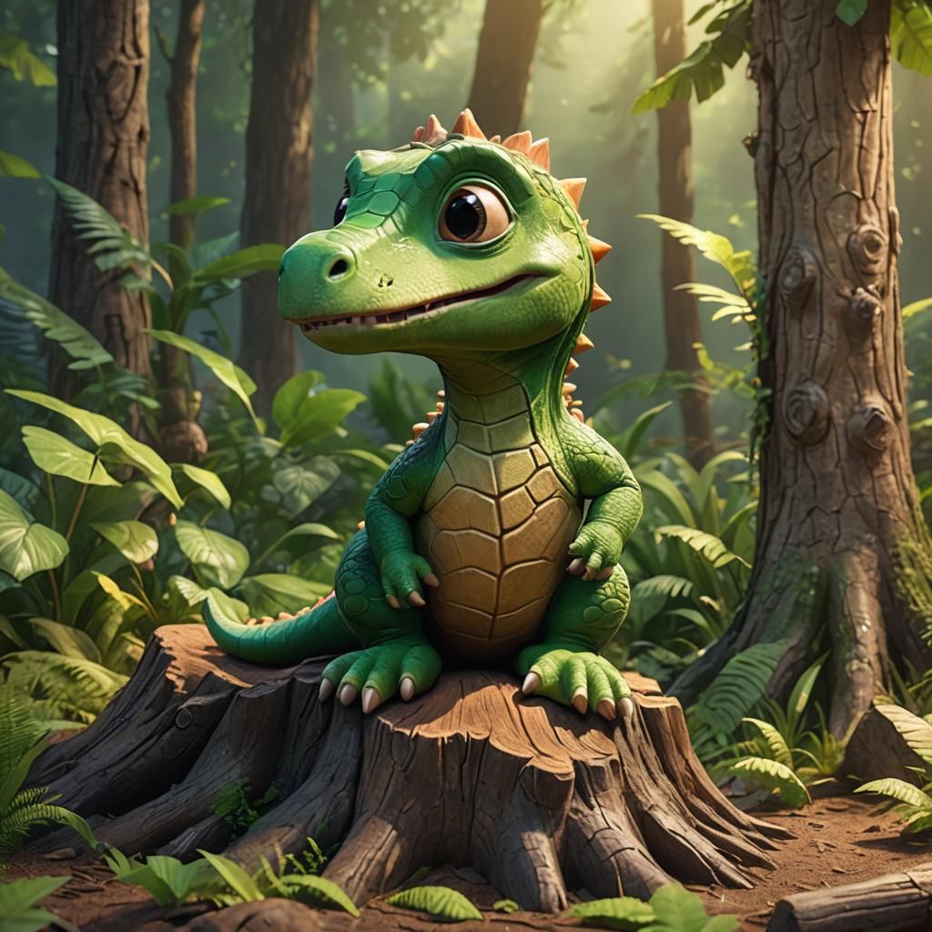 Baby dino exploring his new home - Cute Pixar-Style Baby Din...