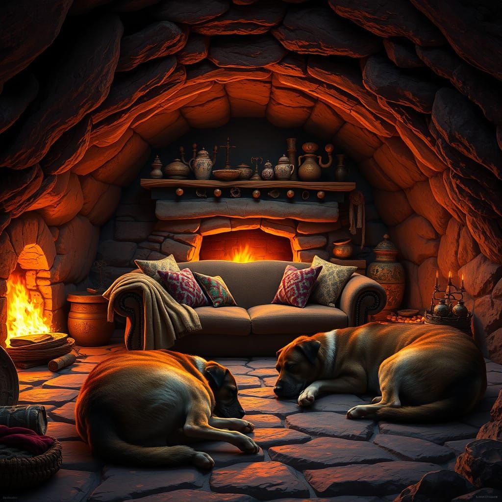 Cozy Round Cave with Roaring Fireplace and Worn Co... - AI Art