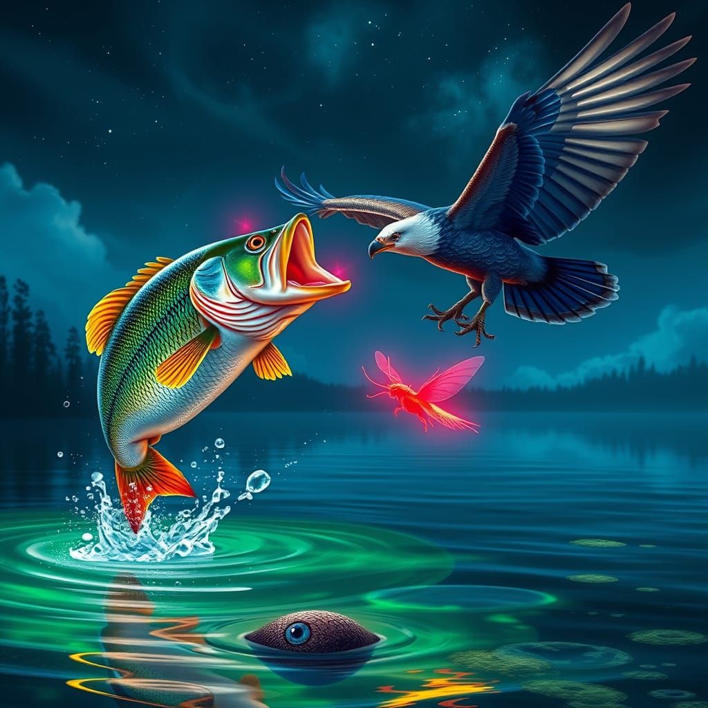 Neon Bass Leaps from Bioluminescent Lake to Catch ... - AI Art