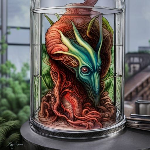 alien creature in a glass box, extreme detail, Art by Anna Dttman and ...