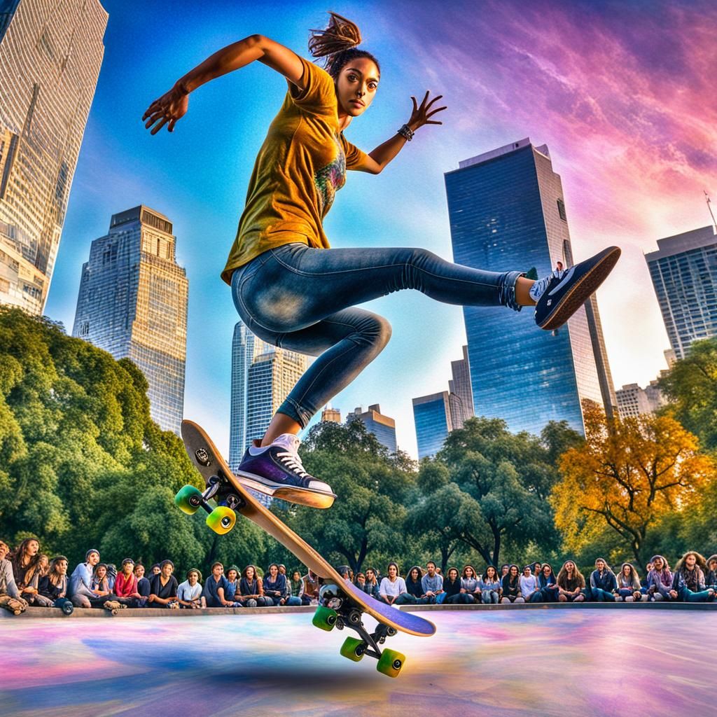 A beautiful skateboarder girl practicing her mid-kickflip in urban area ...