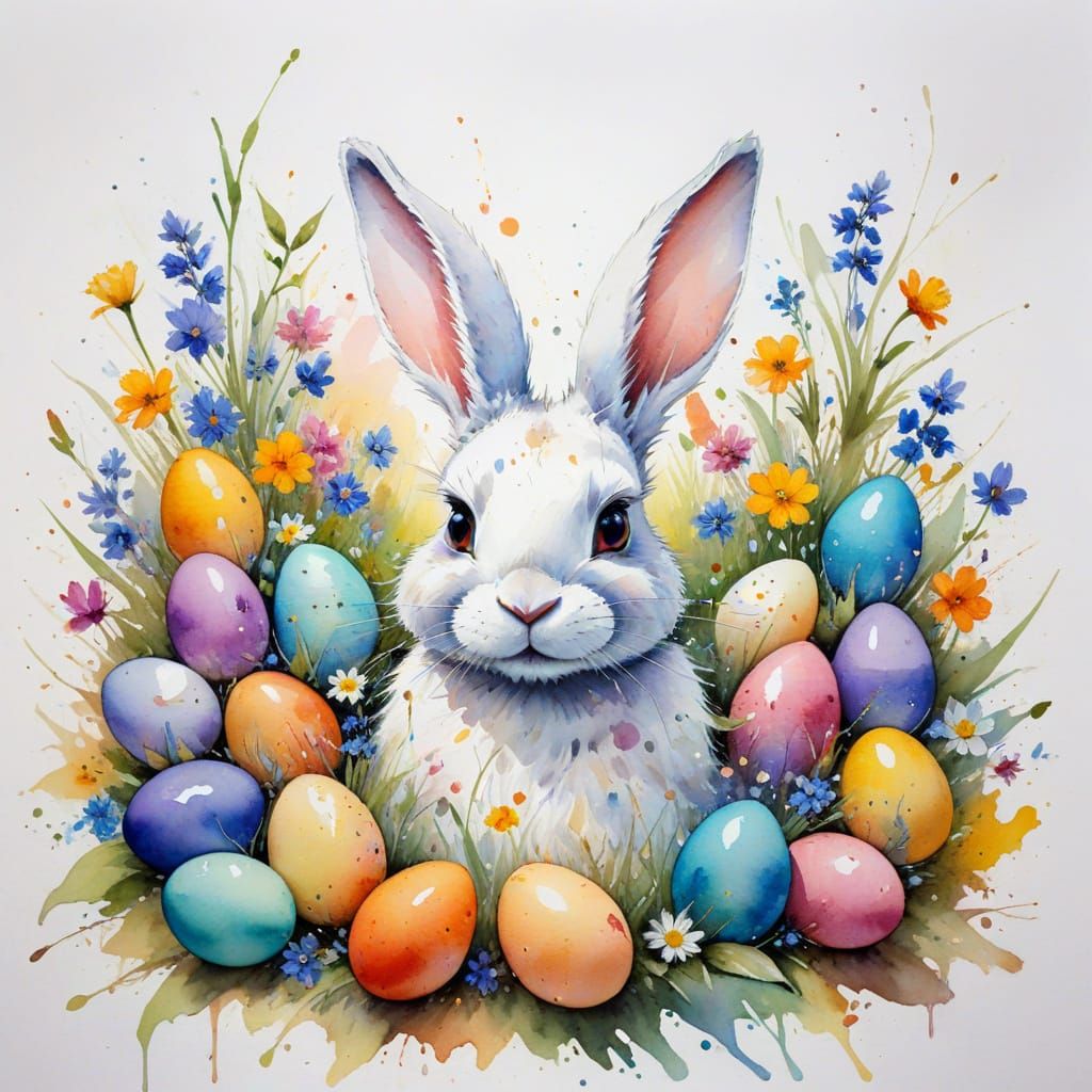 Whimsical Easter Bunny Scene in Vibrant Watercolor... - AI Art
