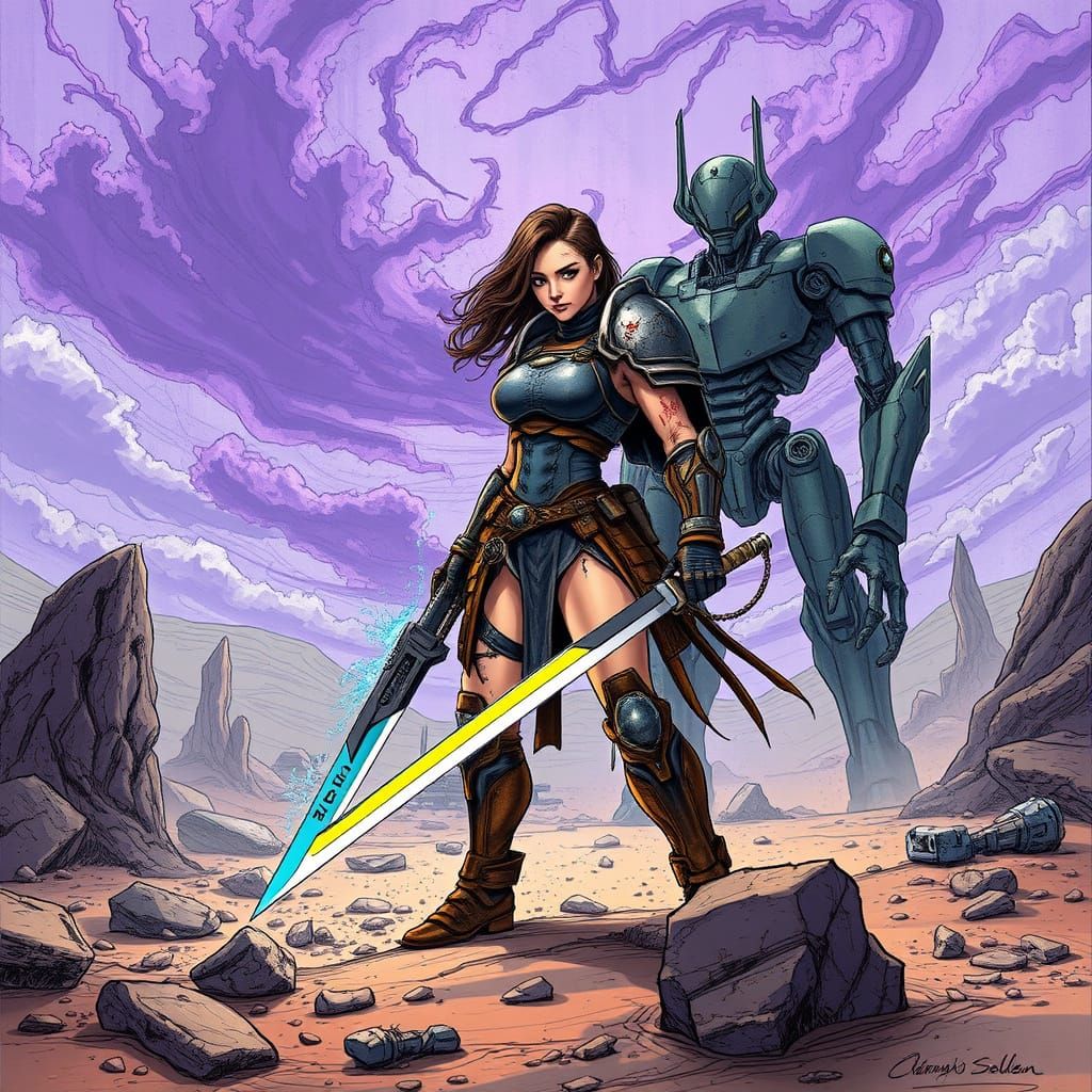 Female Warrior on Alien Battlefield in Gritty 3D S... - AI Art