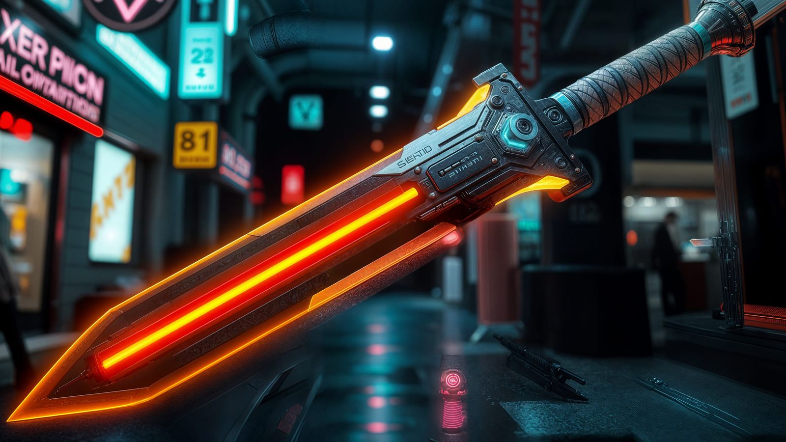 Sleek Cyberpunk Sword in Neon-Lit Urban Environmen... - AI Art