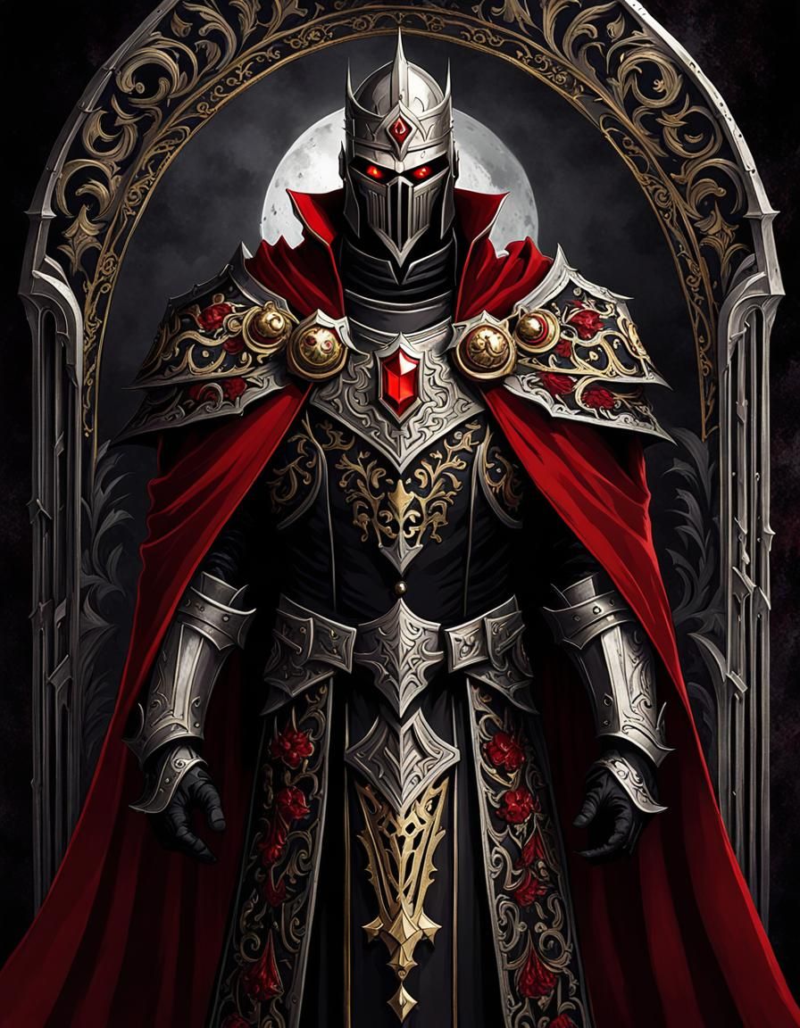 A sinister smiling human with red eyes ornate art deco gothic knight ...