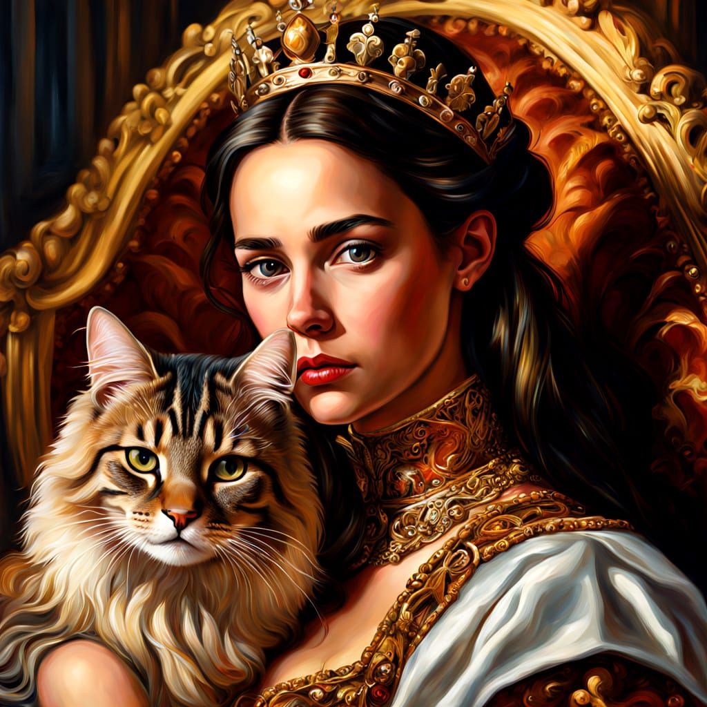 A beautiful queen sits on her throne, her cat curled up in her lap
