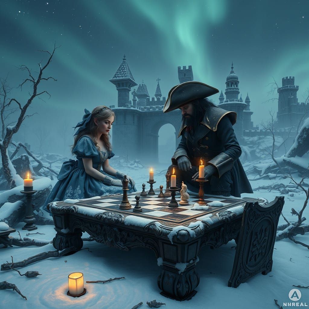 Wonderland's Post-Apocalyptic Chess Match - AI Art
