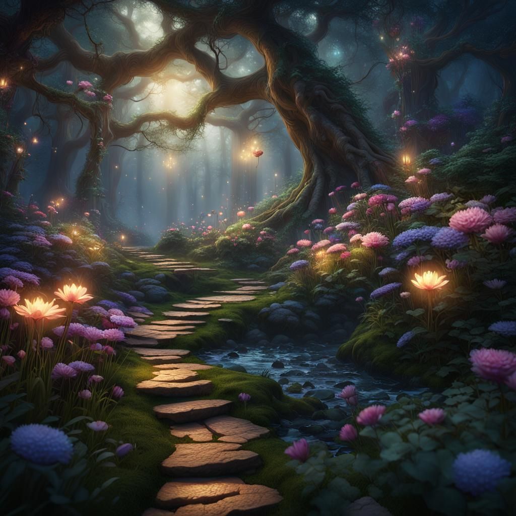 a photo-realistic scene of a deep fairy forest with towering trees ...