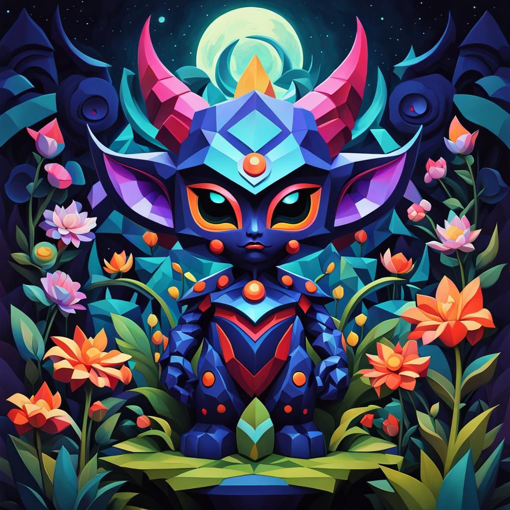 Chibified demon toddler, moonlit strange flower garden, whimsical, glow ...