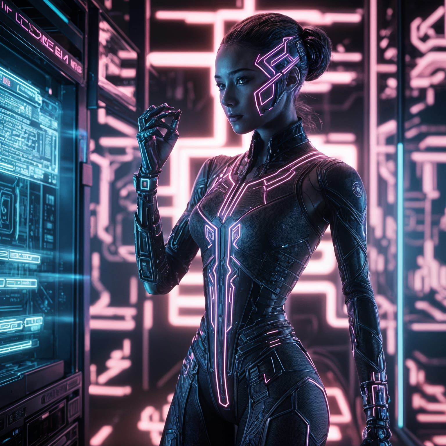 Cybernetic Goddess in Neon-Lit Datacenter Ruins - AI Art