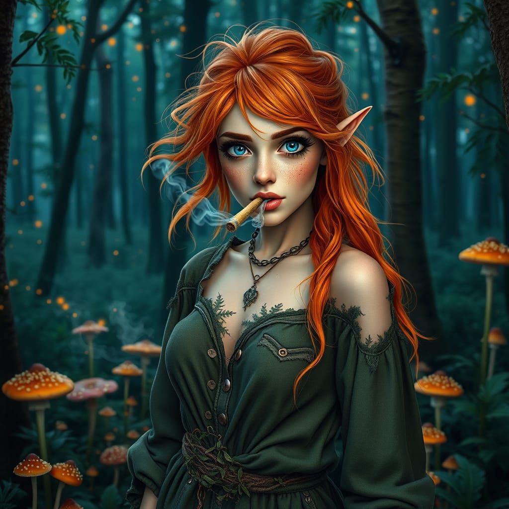 Elven Woman Smoking in Enchanted Forest, CGI Style - AI Art