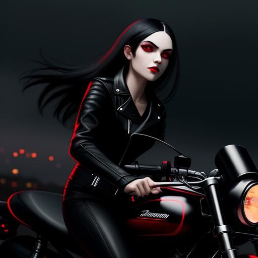 a female vampire with red eyes and black hair dressed in black leather ...