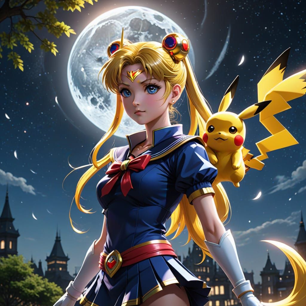 Sailor Moon and Pikachu Unite Under the Moonlight - AI Art