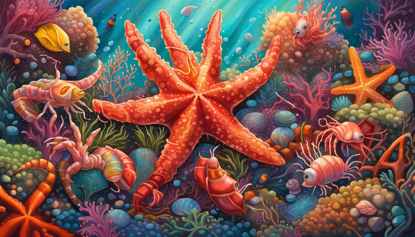 Starfish, hydras, shrimp, and lobsters in a brilliant coral reef ...