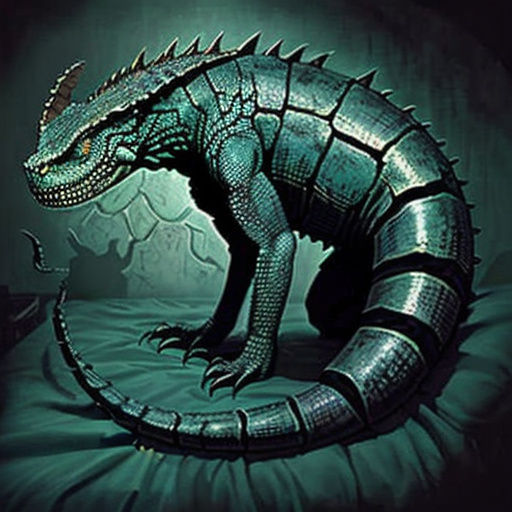 Lizard Monster Hides Under Bed in Dark, Pointy Cla... - AI Art