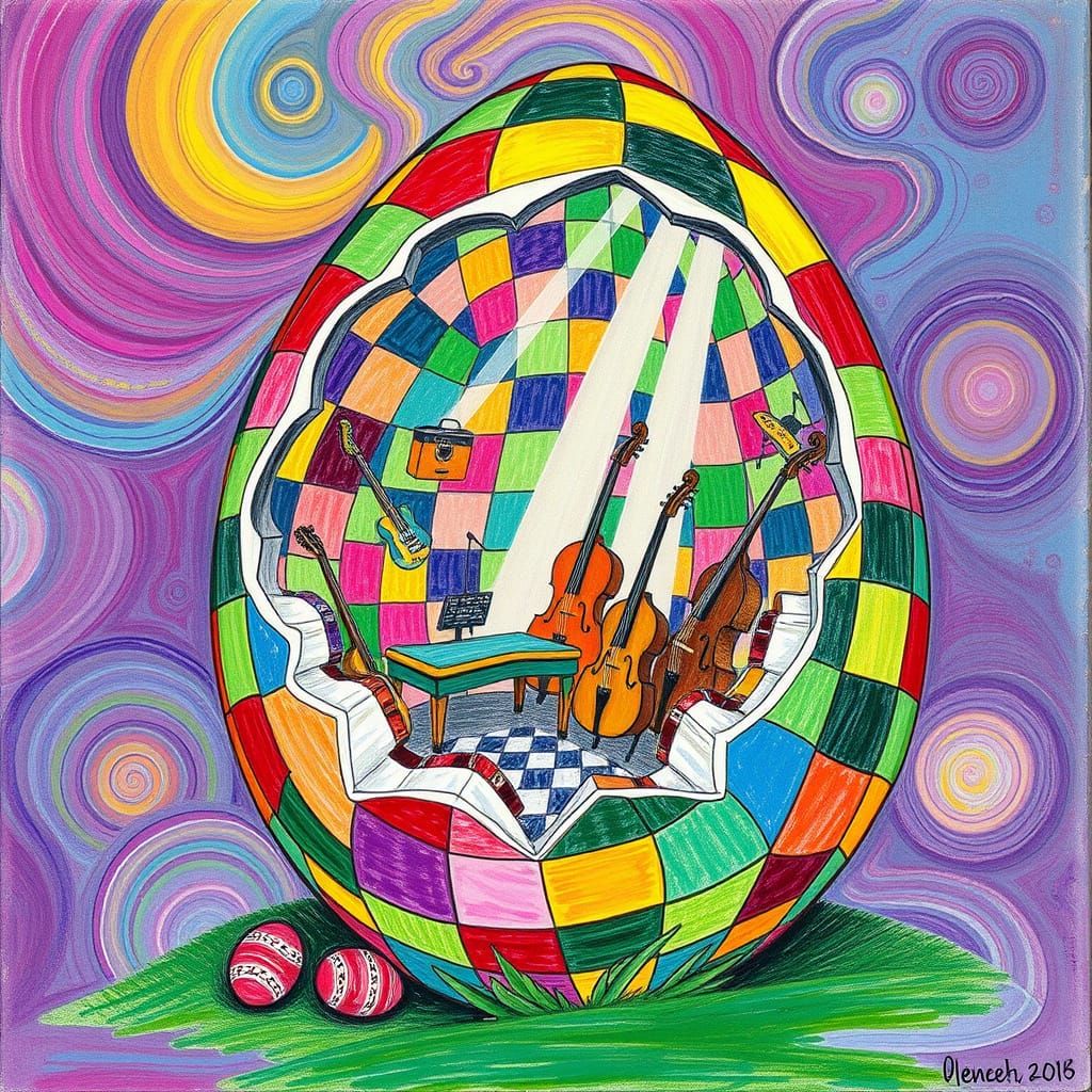 envision an Easter egg out of which emerge musical instruments in a ...