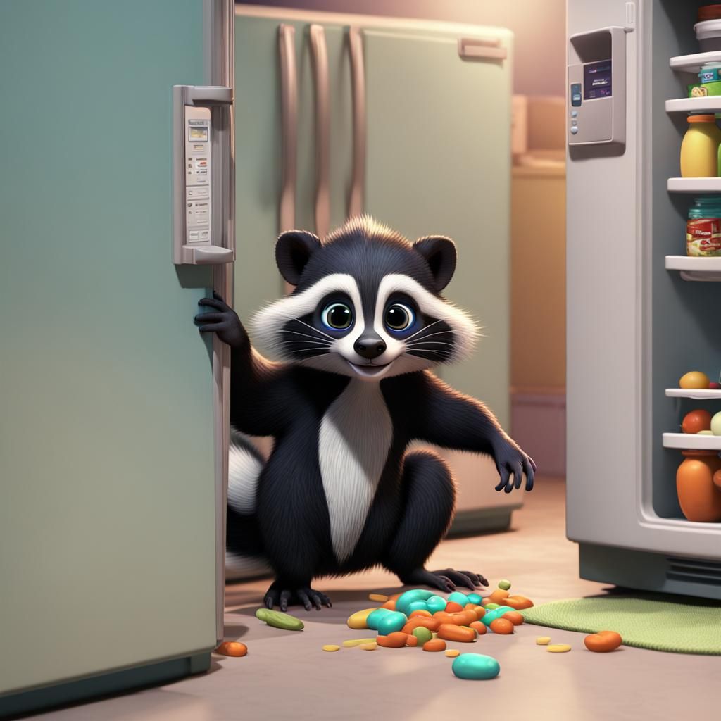 female skunk with large googly eyes looking at male raccoon opening ...