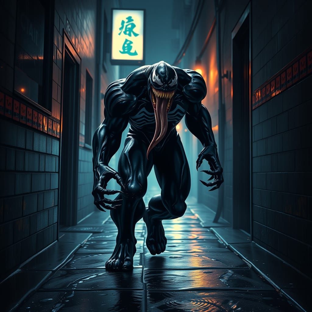 Venom Unveiled in a Dark, Gritty Alleyway - AI Art