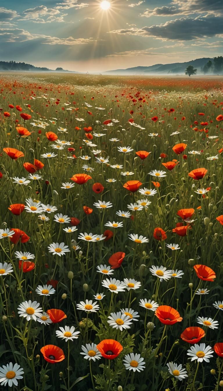Sunlit field of daisies and poppies - AI Generated Artwork - NightCafe Creator