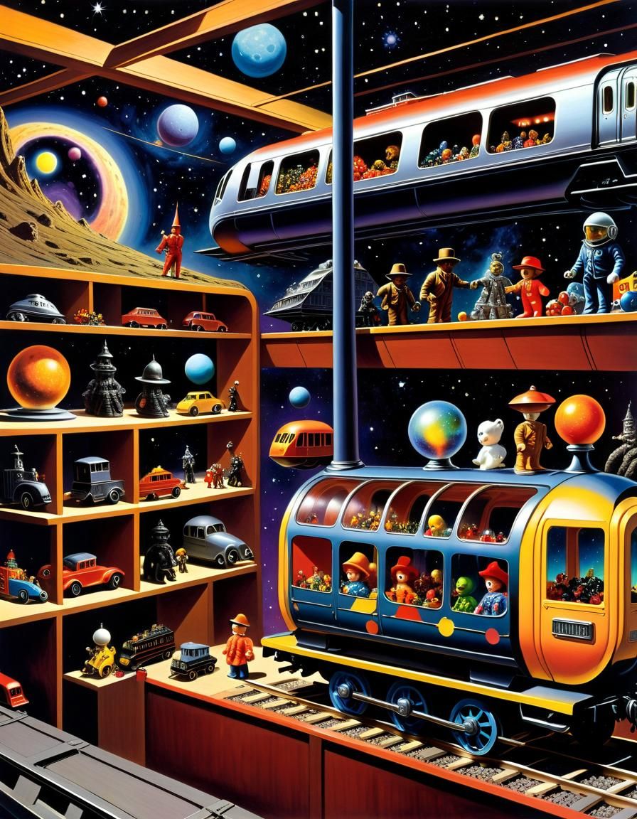 Illustrations capturing a charming display of various toys, from dolls ...