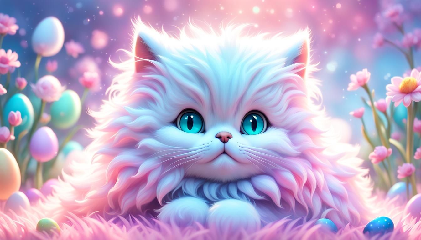 fluffy chibi cat laying on a pink with easter fluffy ethereal fantasy ...